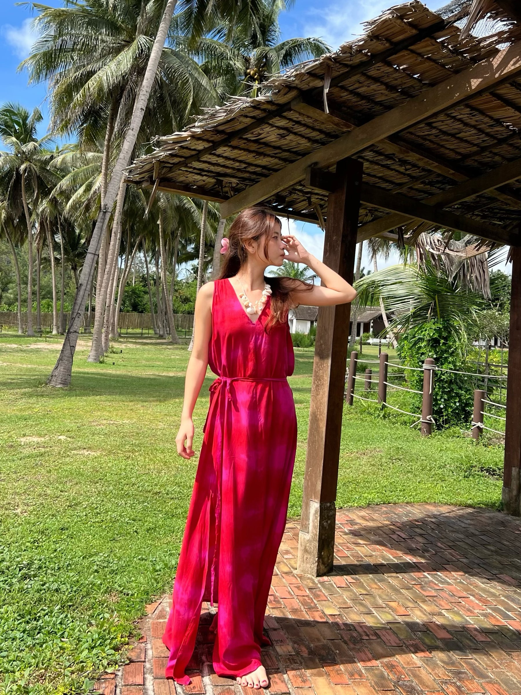 Tie dye V Neck Maxi Dress Fuchsia - Casual Loose fit Resort Dress ...